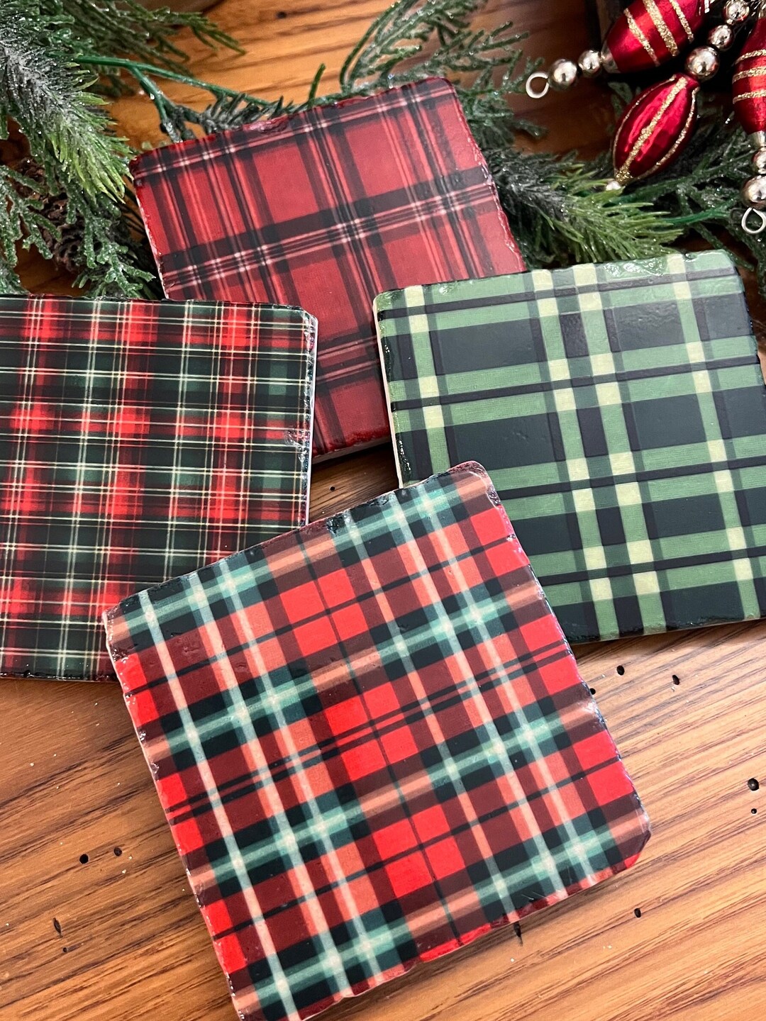 Holiday Plaid Stone Coasters- Set of 4 - Etsy