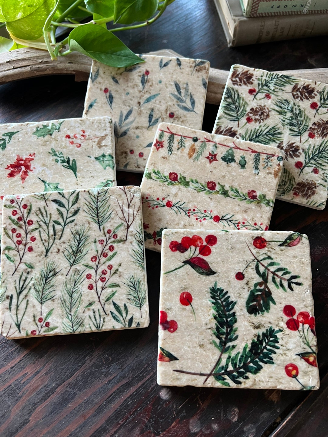 Winter Botanicals Stone Coasters- Set of 6 - Etsy