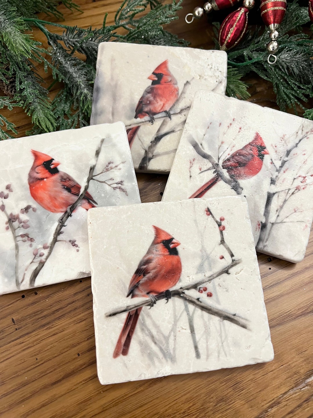 Winter Cardinal Stone Coasters- Set of 4 - Etsy