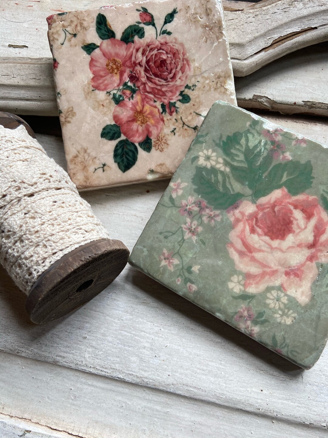 Floral Stone Coasters: Tumbled Marble Drink Coasters, Set of 2 - Etsy