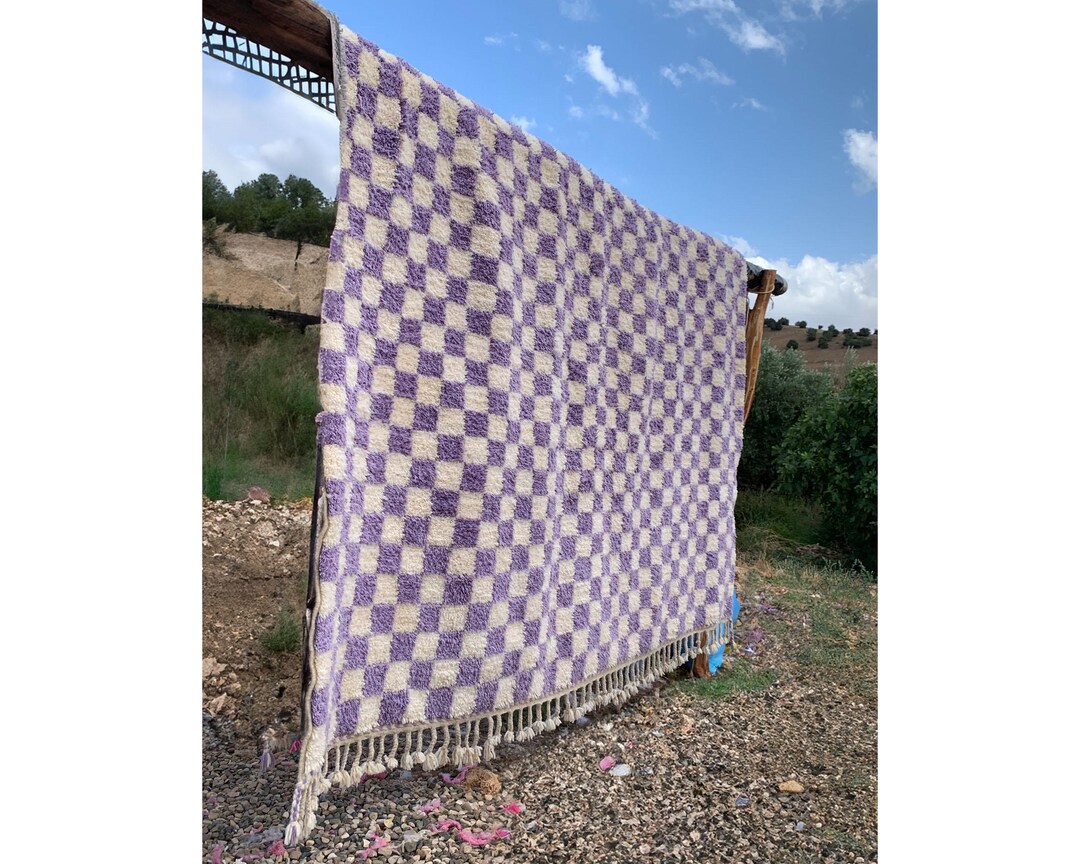 Purple Checkered Rug, Moroccan Beni Ourain Rug, Soft Wool Rug, Large ...