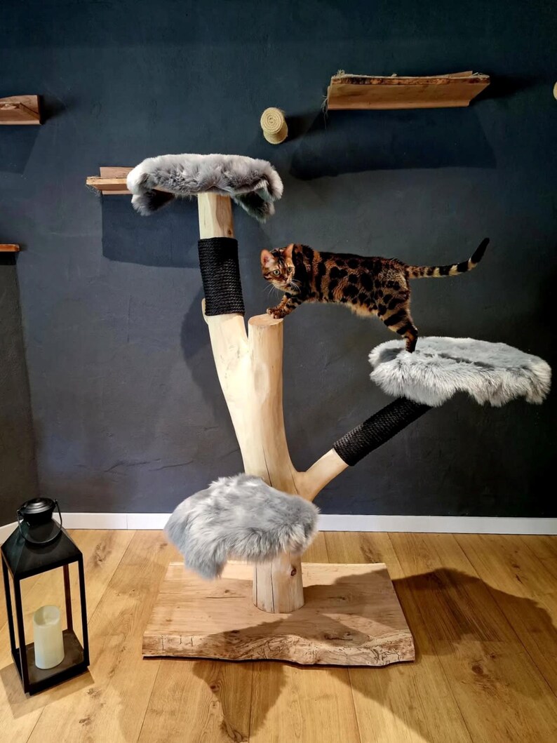 Handmade Cat Tree Crafted From Natural Tree Branches and Soft Faux Fur ...