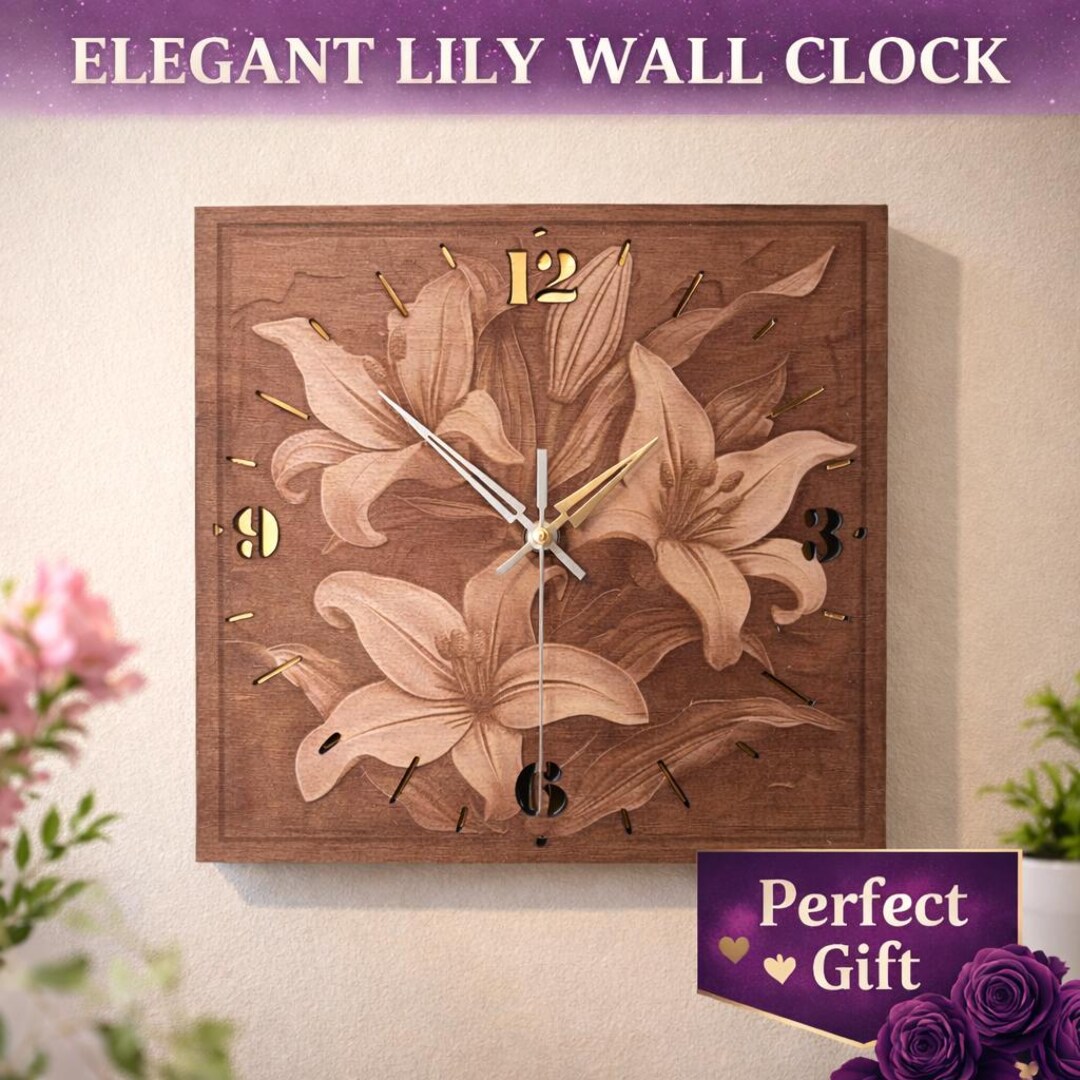 Laser Engraved Lily Flower Wooden Wall Clock, Botanical Farmhouse Decor ...