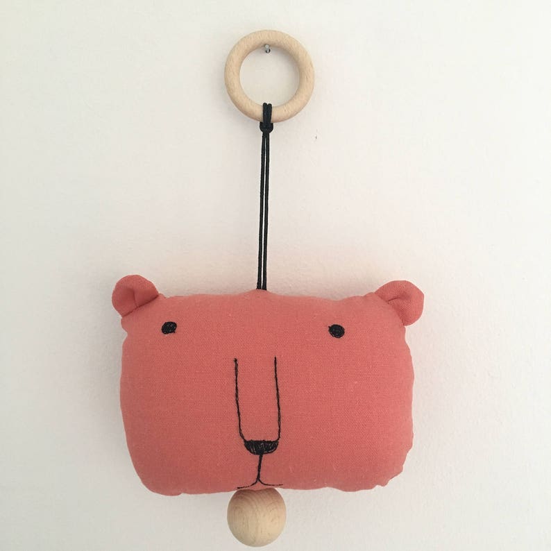 Pull string musical crib toy bear brick-red | Etsy