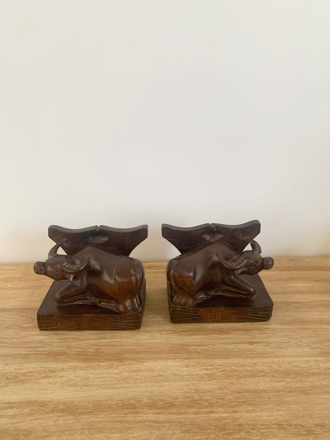 Water Buffalo Bookends Vintage Solid Wood Hand Carved Bookends Gorgeous ...
