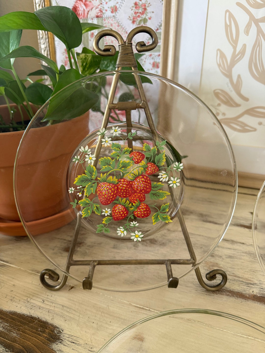 Painted Glass Strawberry Plates Spring Dishware Picnic Plates ...