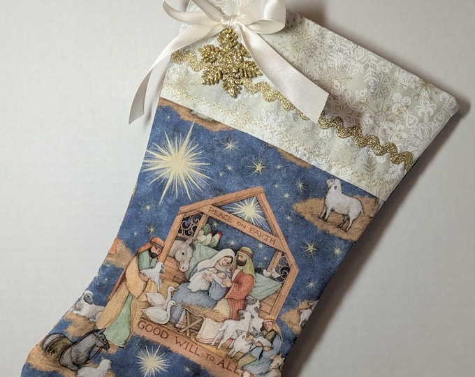 Nativity Scene Christmas Stocking Joseph, Mary, Baby Jesus in a Manager ...