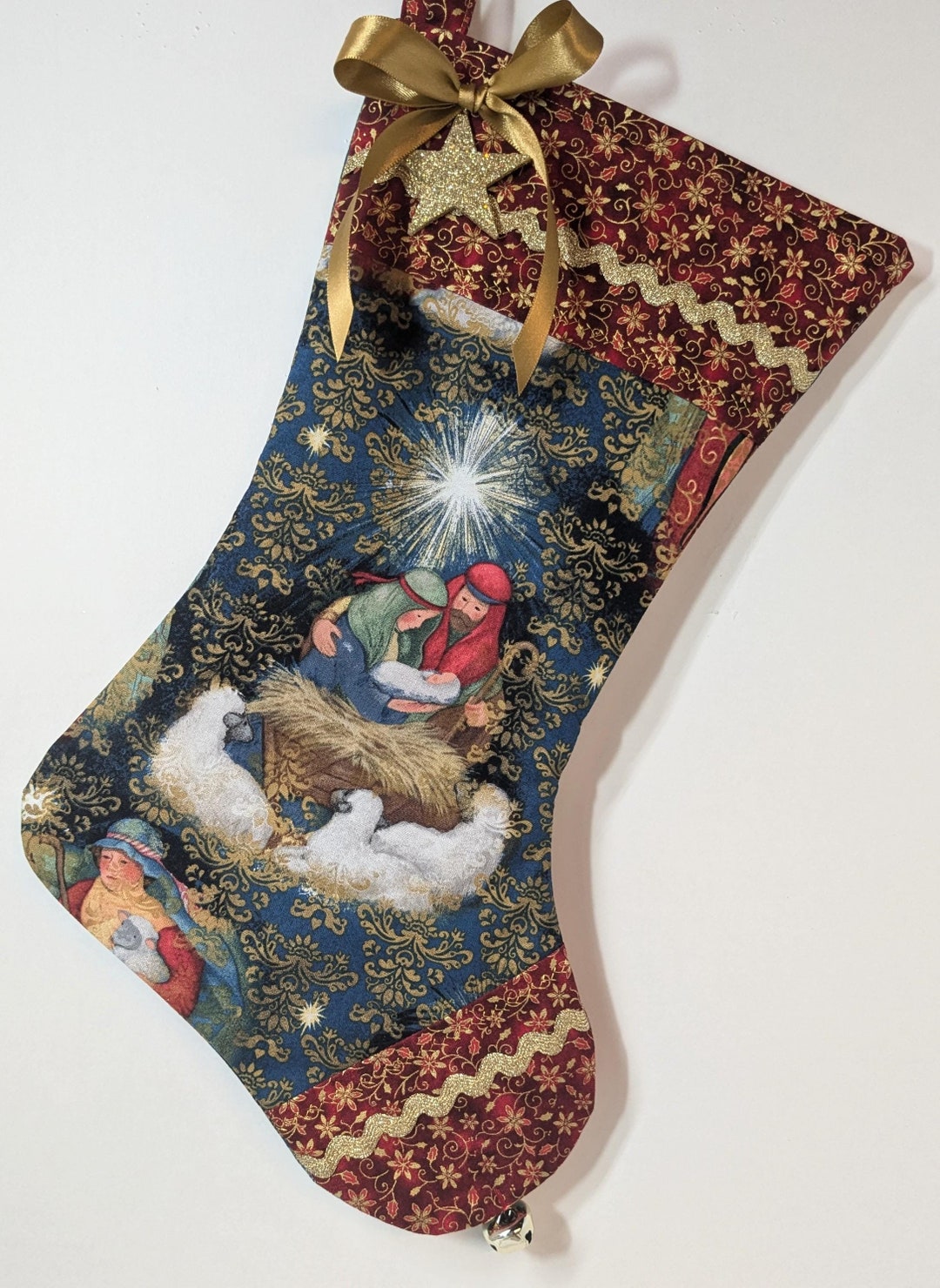 Nativity Scene Christmas Stocking Joseph, Mary, Baby Jesus in a Manager ...
