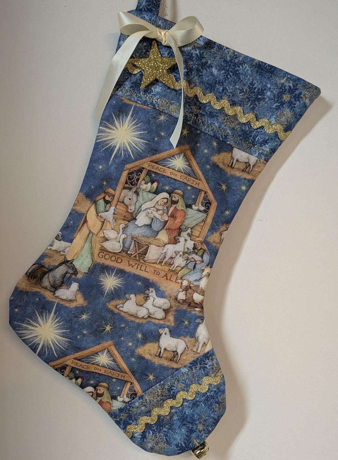 Nativity Scene Christmas Stocking Joseph, Mary, Baby Jesus in a Manager ...