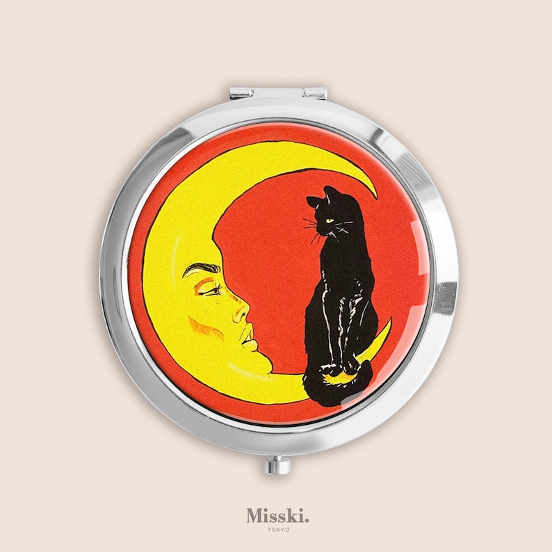 1917 Vintage Black Cat on Moon Compact Mirror, Small Pill Box Organiser ...