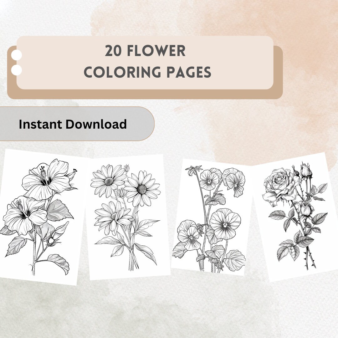 20 Flower Coloring Pages Detailed Line Art of Various Flowers Perfect ...
