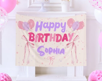 Pink Bow Party Happy Birthday Banner - Etsy