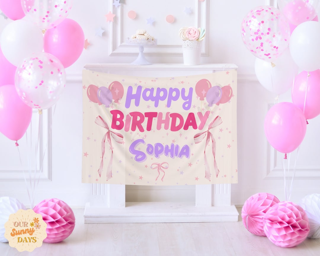 Pink Bow Happy Birthday Personalized Banner Pink Ribbon Banner Birthday ...