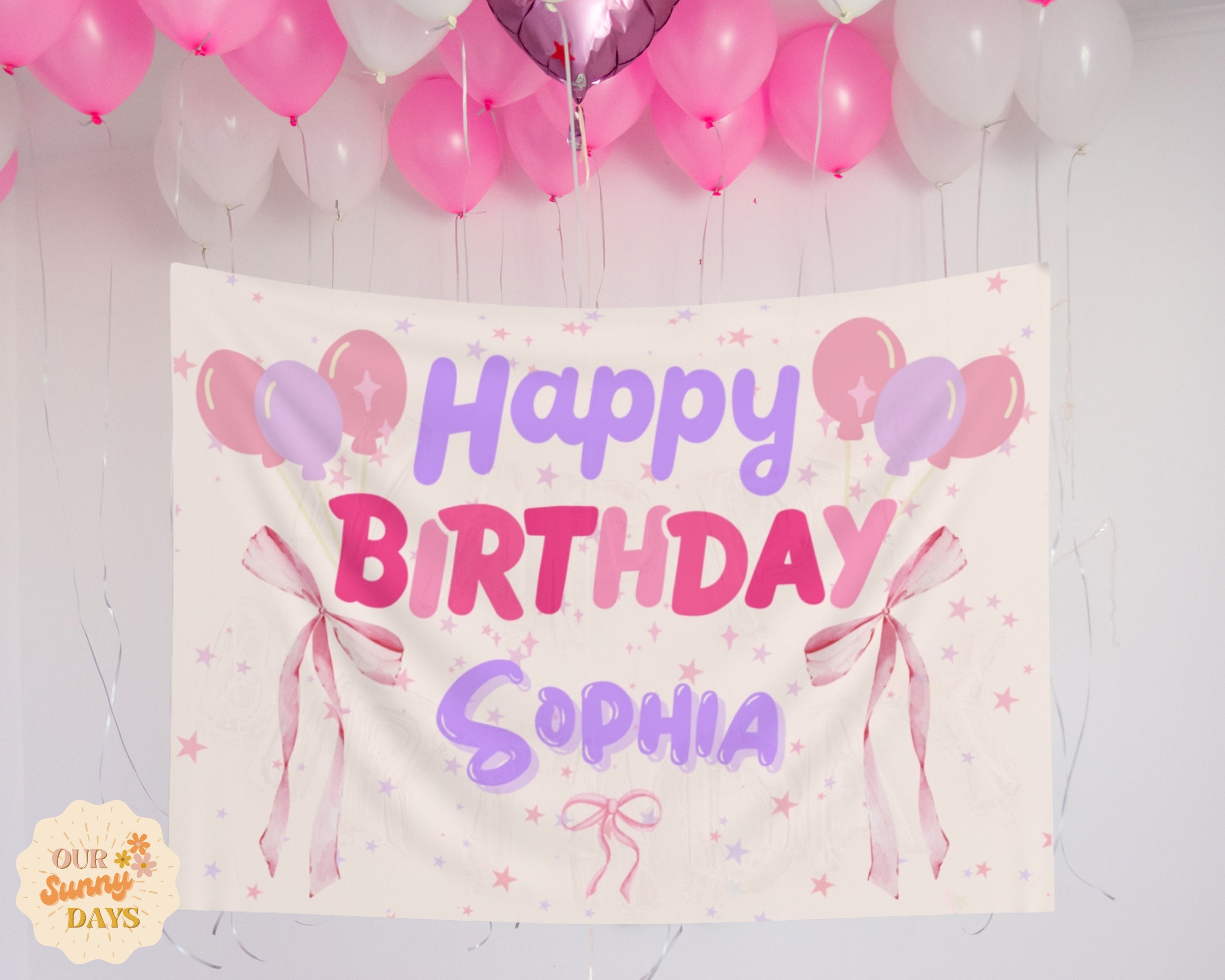 Pink Bow Happy Birthday Personalized Banner Pink Ribbon Banner Birthday ...