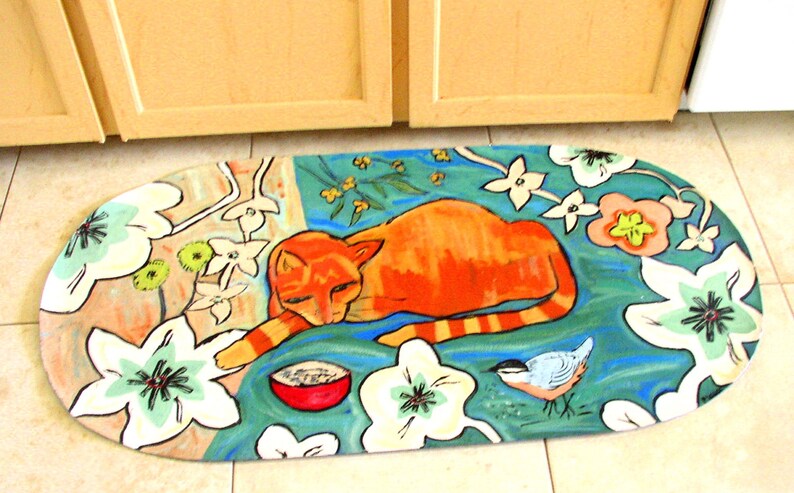Floorcloth Painted Rug Kitchen Mat Orange Cat Flowers Bird Funky Floor ...