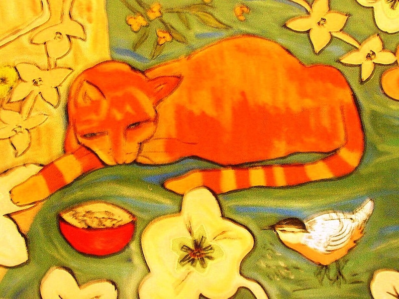 Floorcloth Painted Rug Kitchen Mat Orange Cat Flowers Bird Funky Floor ...