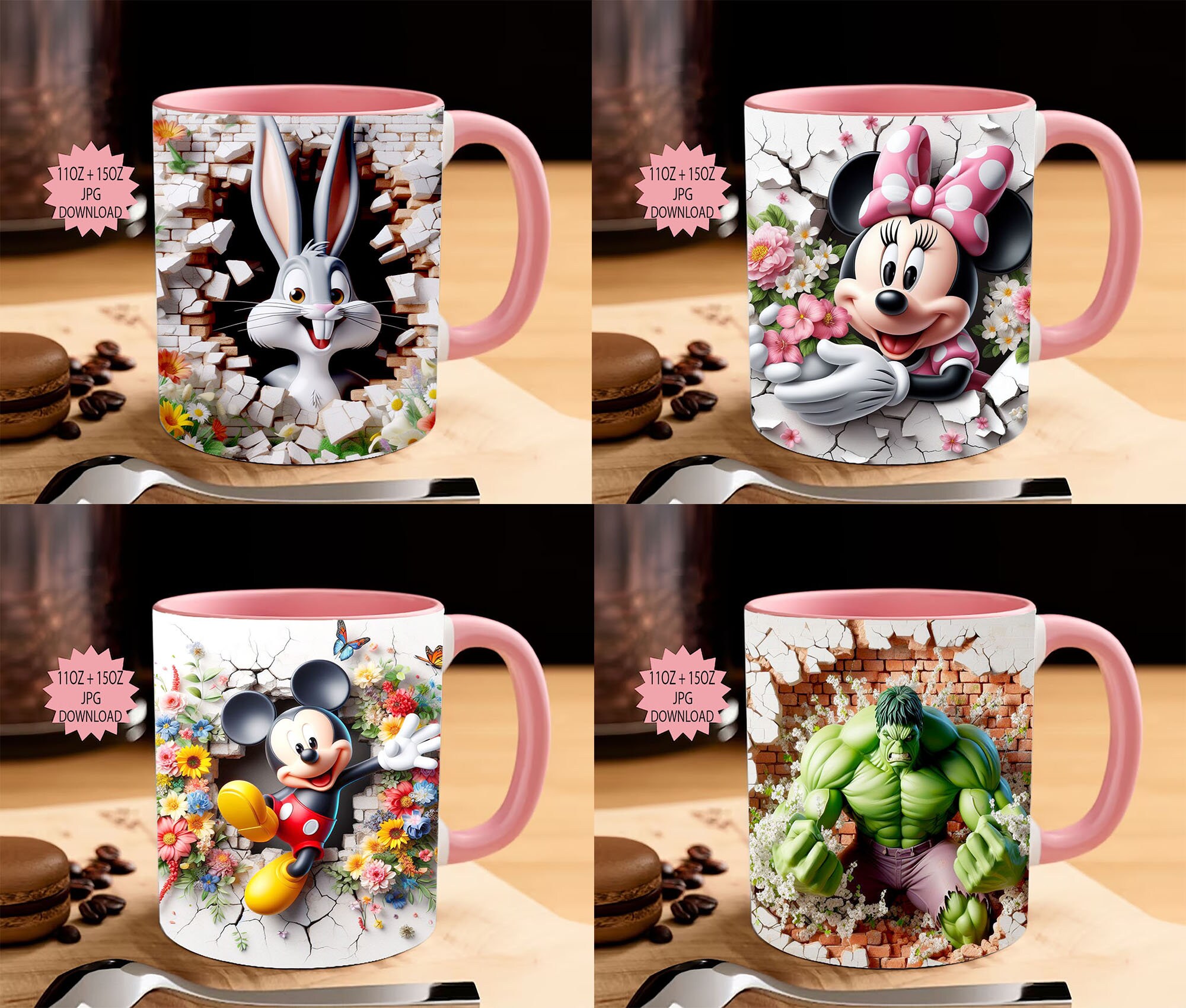 20 3D Effect Classic Cartoon Character Mug Wrap, 11 Oz & 15 Oz Mug ...