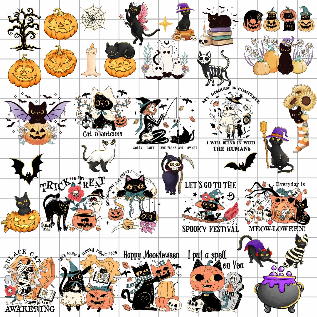 Cute Black Cat Halloween PNG Bundle, Cute Ghost Cat Png, Cat Pumpkin ...