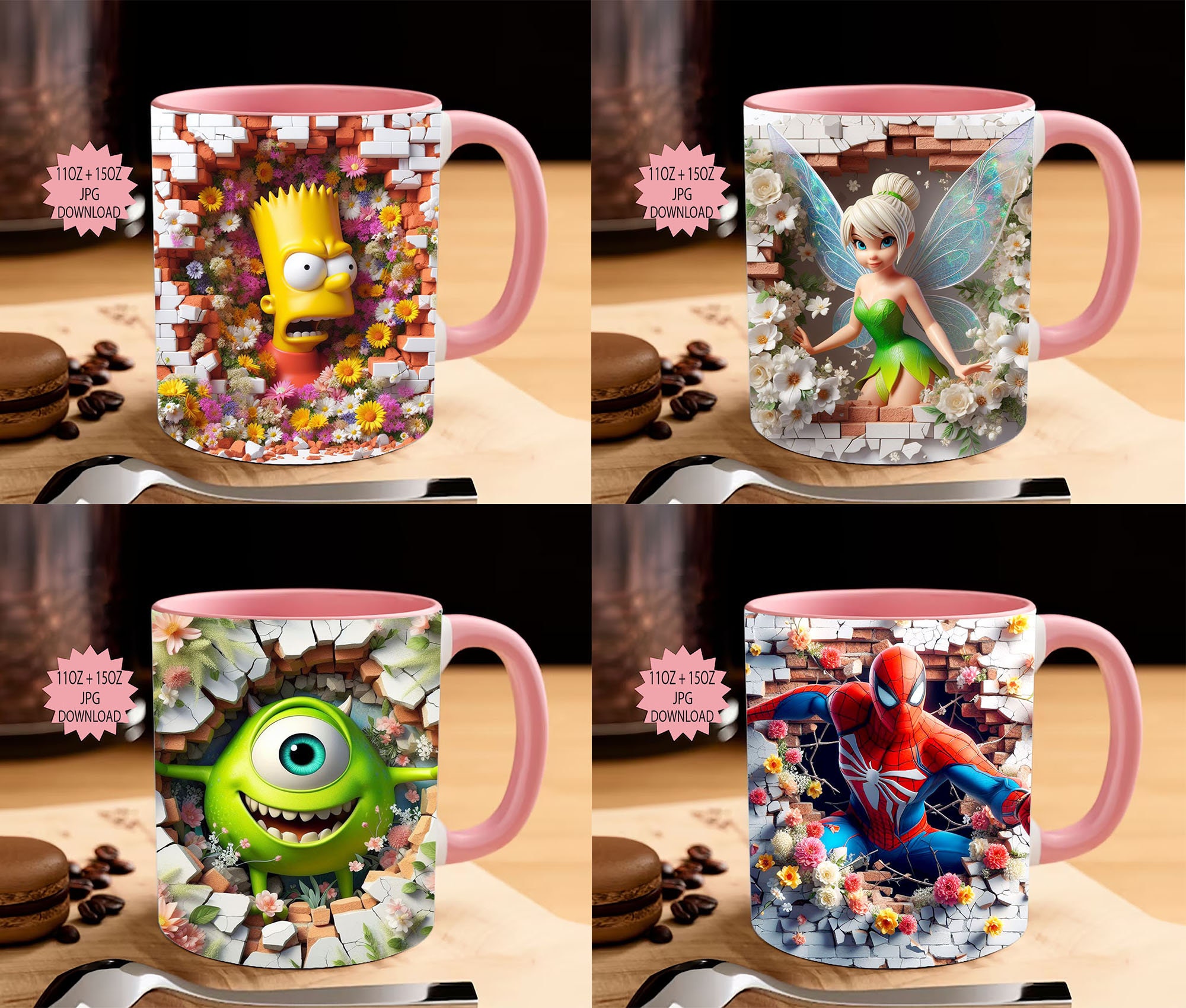 20 3D Effect Classic Cartoon Character Mug Wrap, 11 Oz & 15 Oz Mug ...