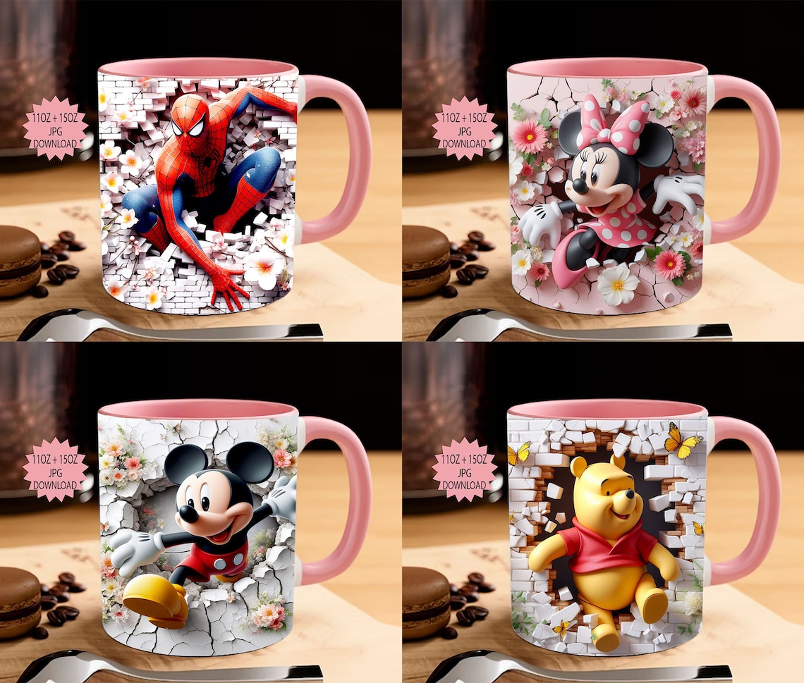 20 3D Effect Classic Cartoon Character Mug Wrap, 11 Oz & 15 Oz Mug ...