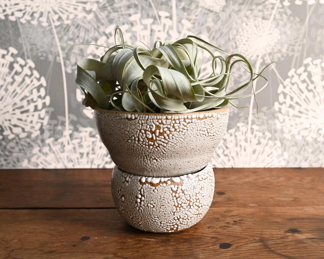White Ceramic Two-part Planter, White Crawl Glaze, Handmade Ceramic ...