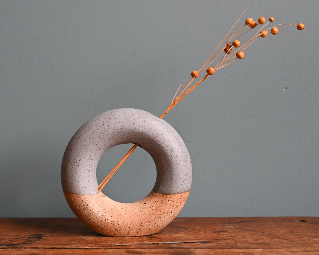 Handmade Gray Ceramic Donut Vase, Circular Vase, 5 Inches High, Wheel ...