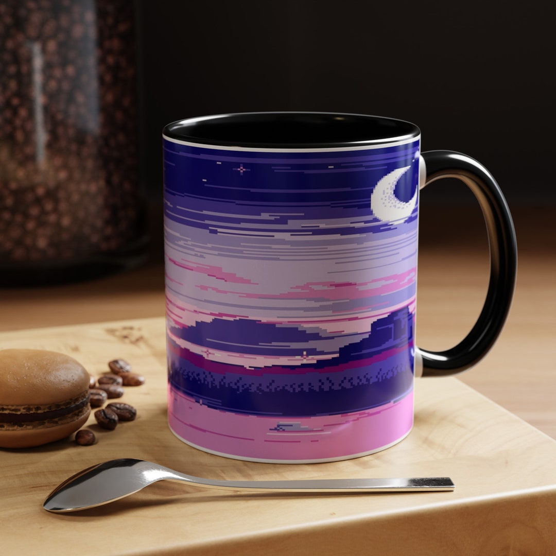 Pixel Art Moonlit Landscape Mug Perfect for Retro and Night Sky Lovers ...