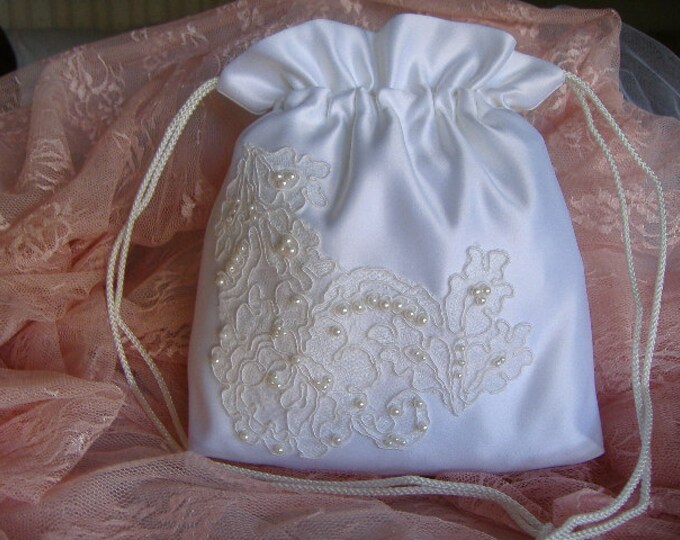 BRIDAL Drawstring Bag, Hand Beaded, Heirloom Bag, WEDDING Bag, Keepsake ...