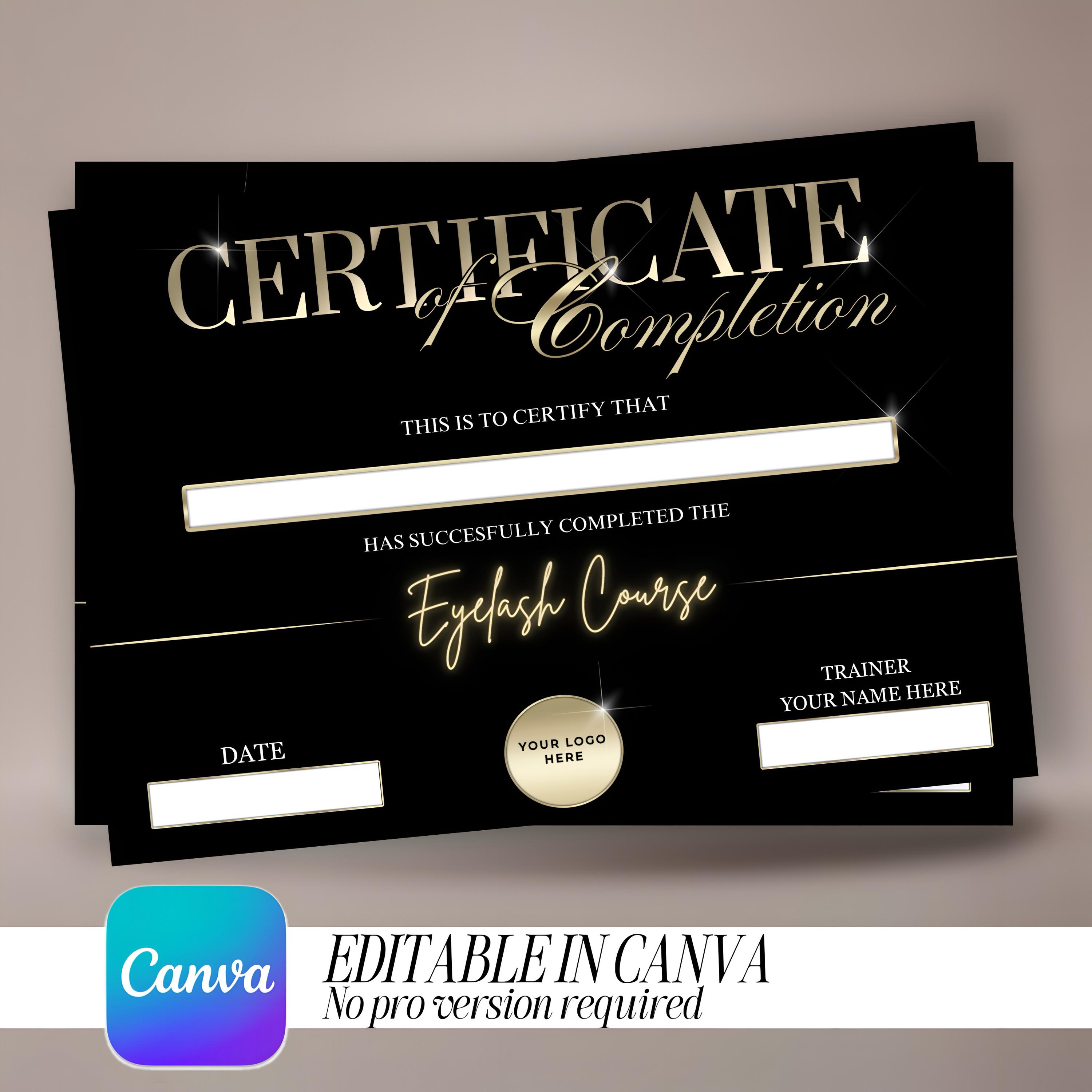 Certificate of Completion | Lash Certificate Template | Black Gold ...