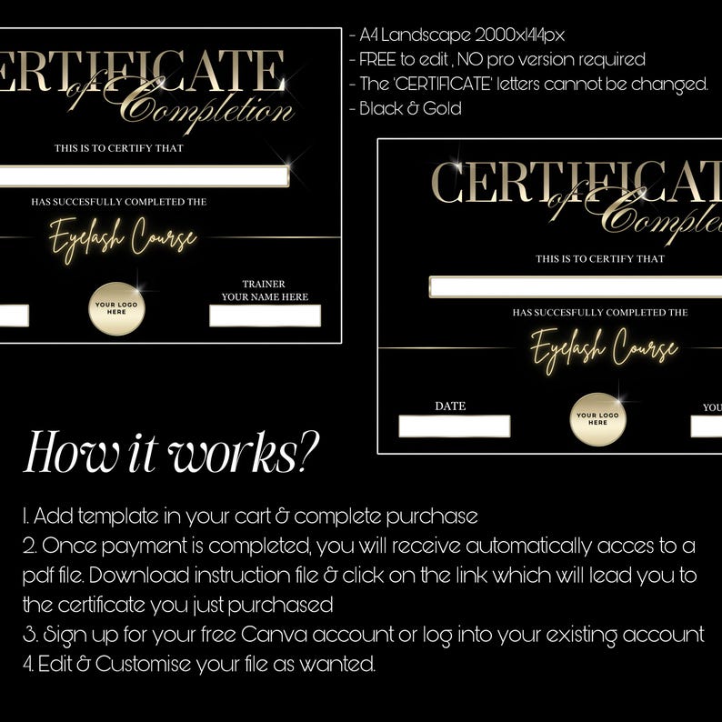 Certificate of Completion | Lash Certificate Template | Black Gold Certificate | Instant ...