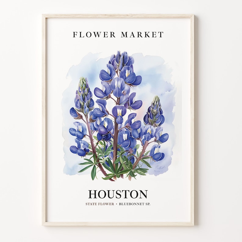Houston Texas Flower Market Art Print, Bluebonnet Botanical Wall Art ...