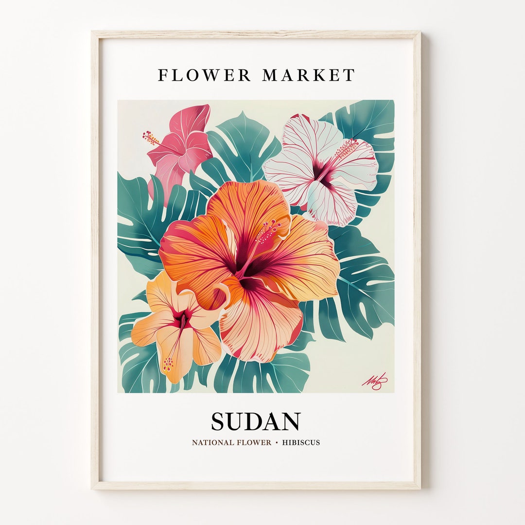 Sudan Flower Market Art Print, Hibiscus Wall Art, Botanical Pastel ...