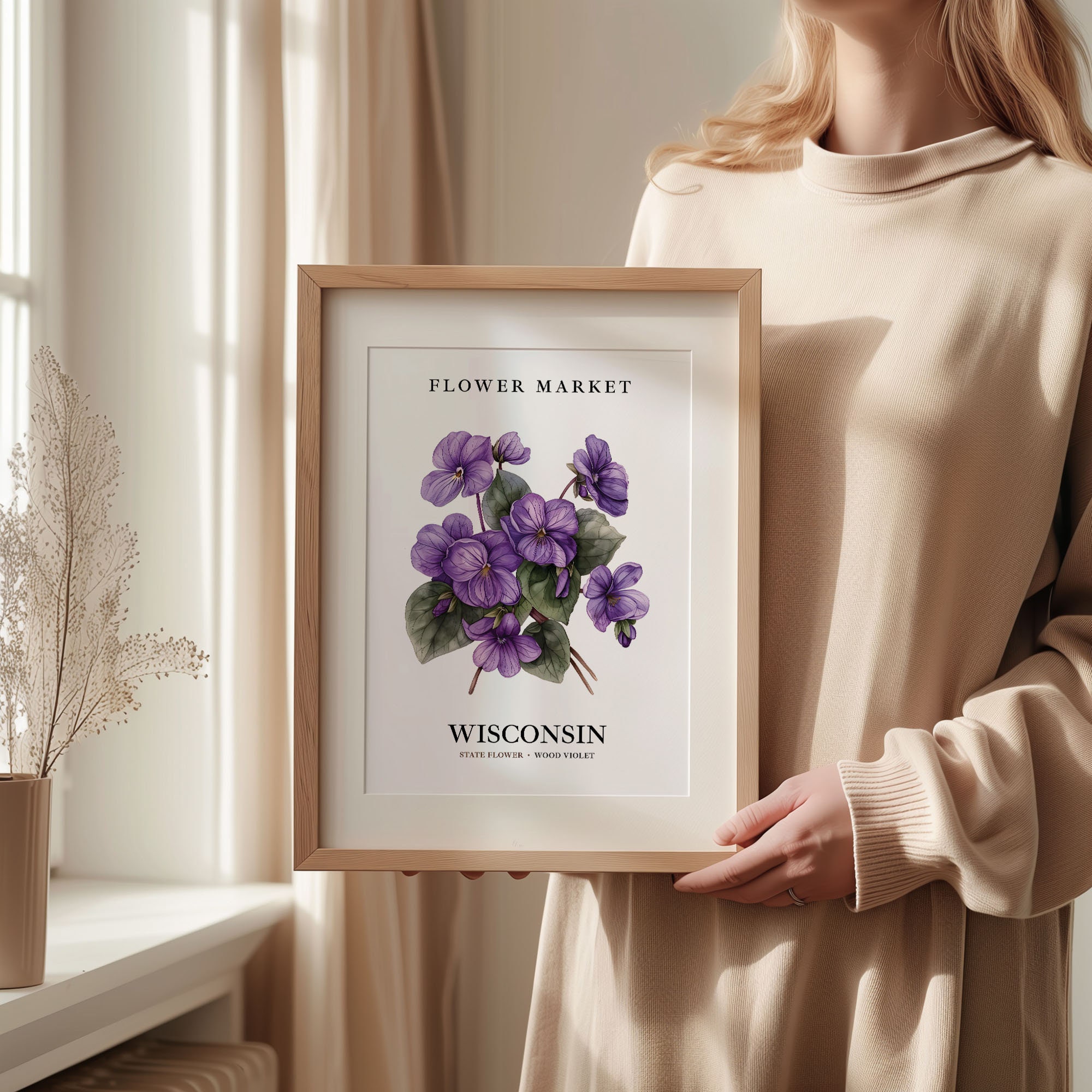 Wisconsin State Flower Art Print, Wood Violet 1960's Wall Art, Neutral ...