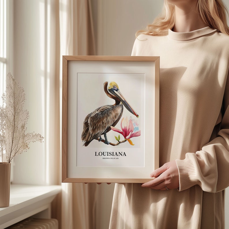 Louisiana State Bird Art Print: Pelican & Magnolia Flower Wall Art - Etsy