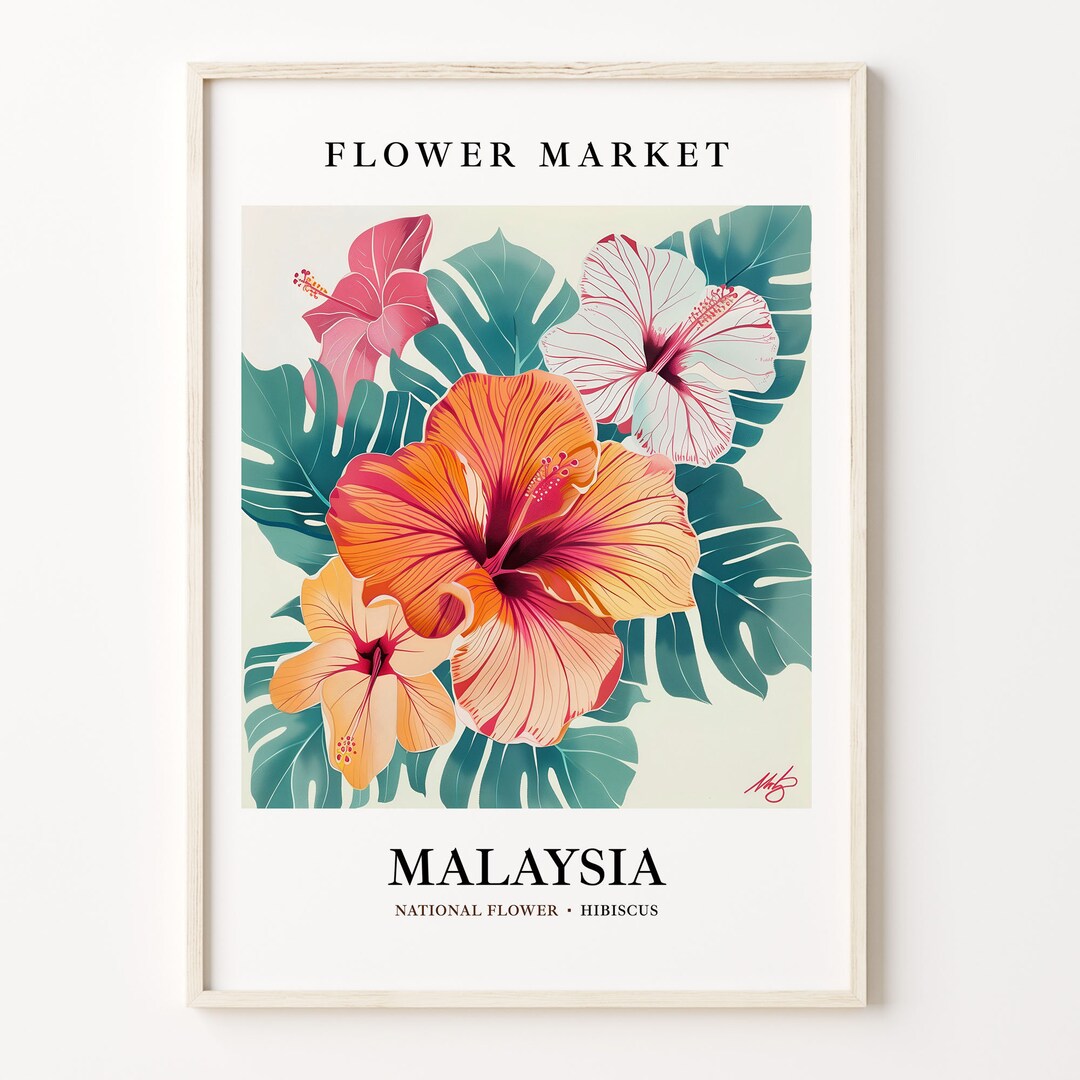 Malaysia National Flower Art Print: Vintage Hibiscus Botanical Wall ...