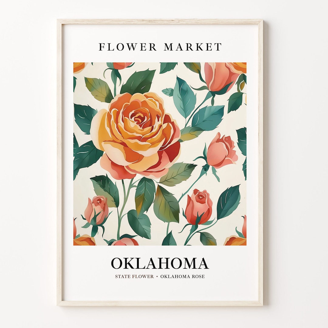 Oklahoma State Flower Art Print, 1960s Oklahoma Rose Wall Art, Neutral ...
