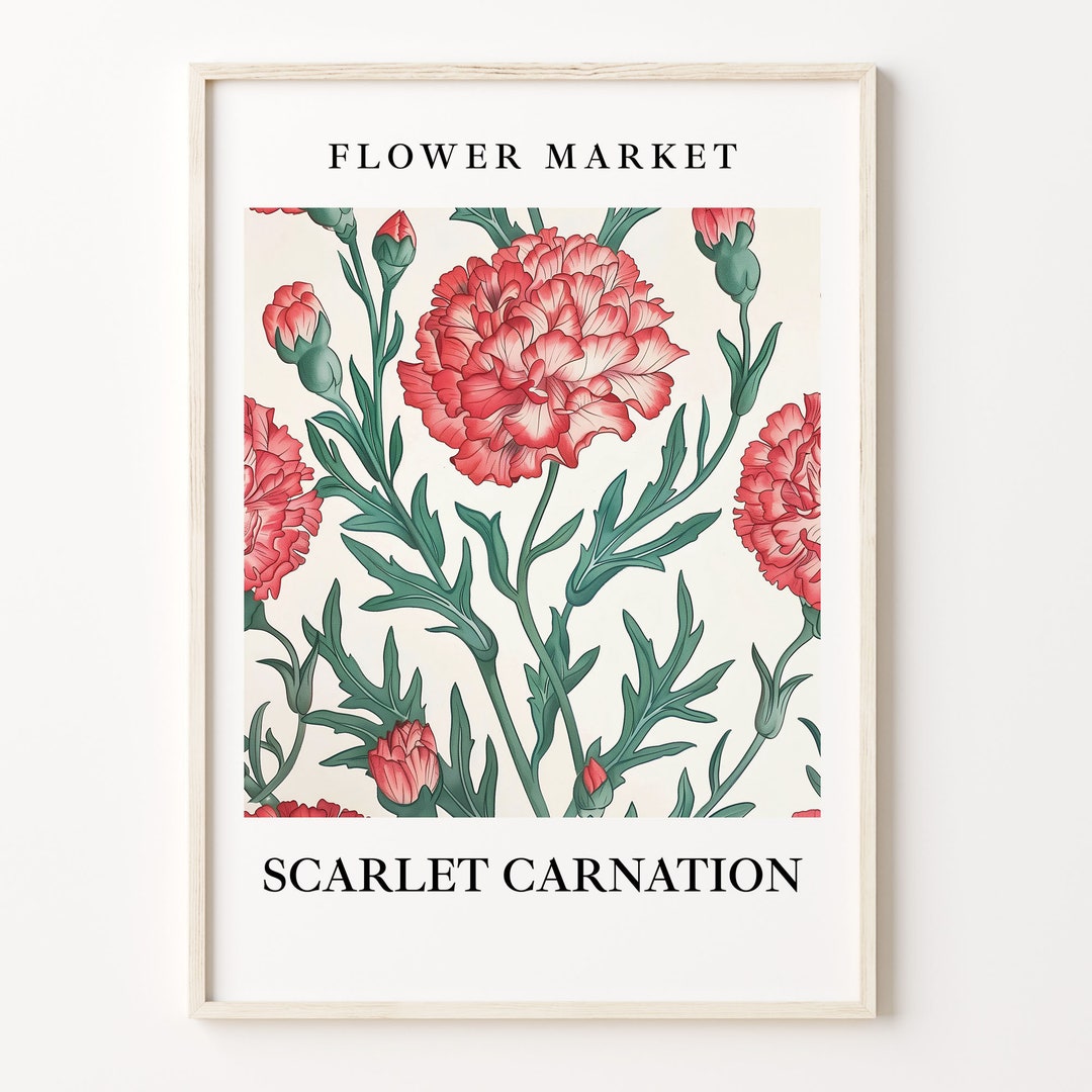 Scarlet Carnation Flower Market Art Print, Botanical Pastel Artwork ...