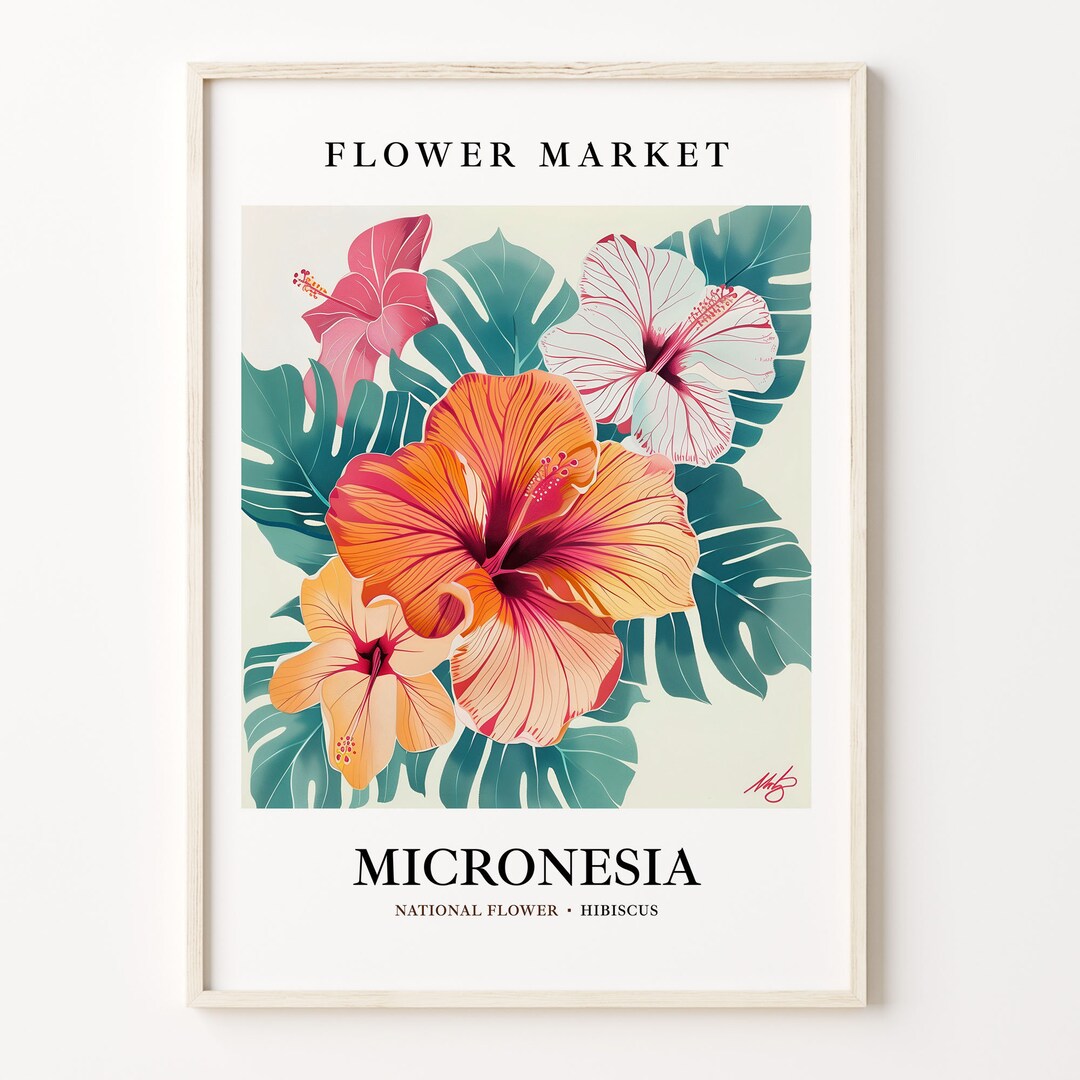 Micronesia Flower Market Art Print, Botanical Pastel Artwork, Hibiscus ...