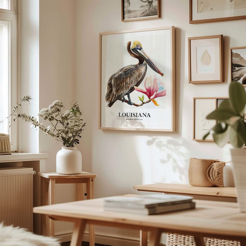 Louisiana State Bird Art Print: Pelican & Magnolia Flower Wall Art - Etsy