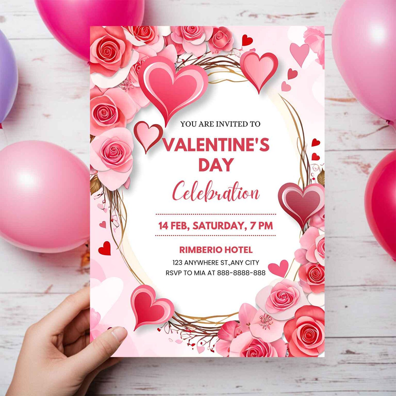 Editable Valentine's Day Party Invitation Template, Red Pink Hearts ...