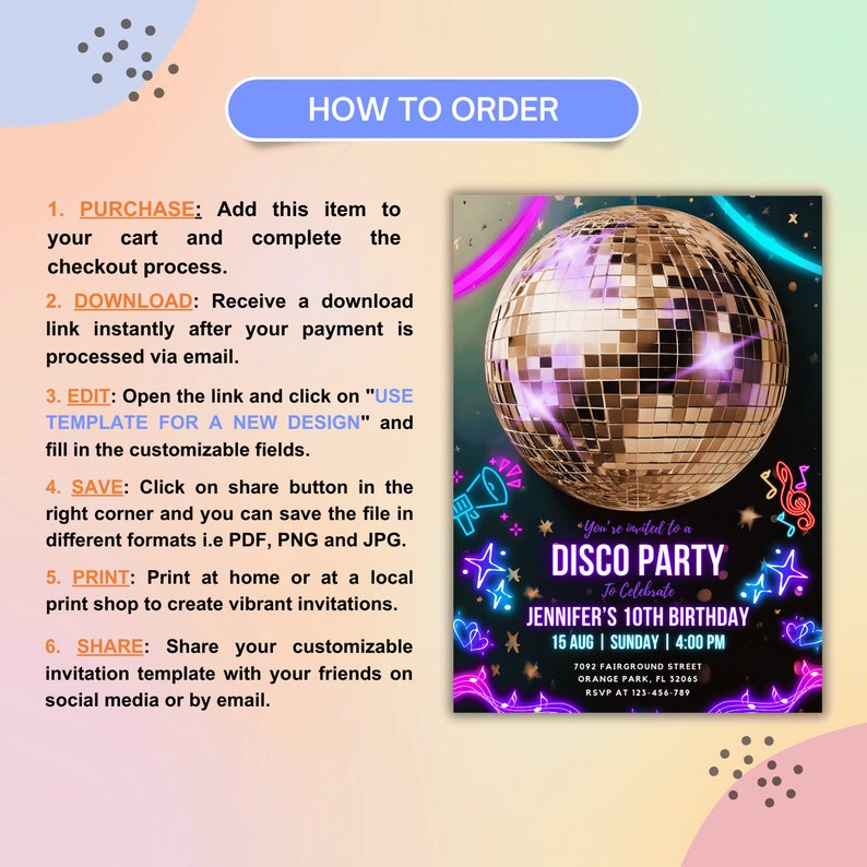 Editable Disco Party Birthday Invitation Template, Disco Invitation, Glow Neon Dance Party ...