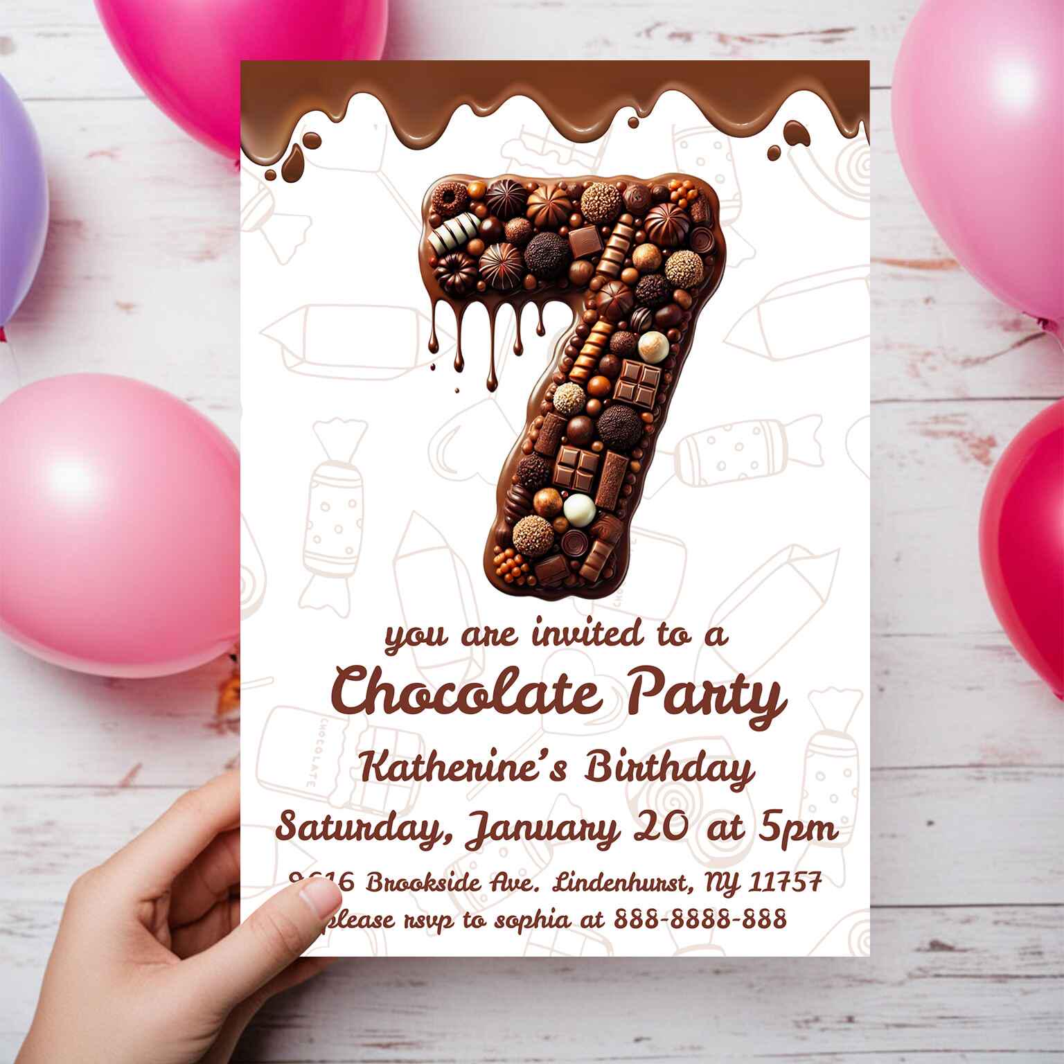 Editable Chocolate Party Invitation, Chocolate 7th Birthday Invitation ...
