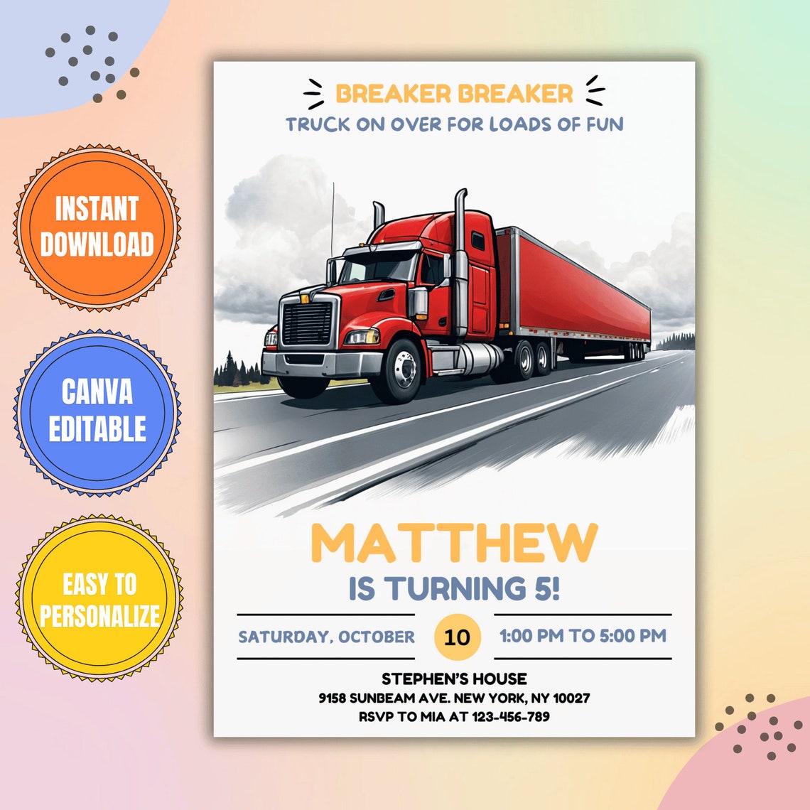 Editable Semi Truck Birthday Invitation, Truck on Over Invite, Semi ...