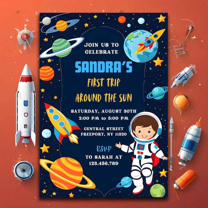 Editable Astronaut Outer Space Birthday Invitation Template Planets ...