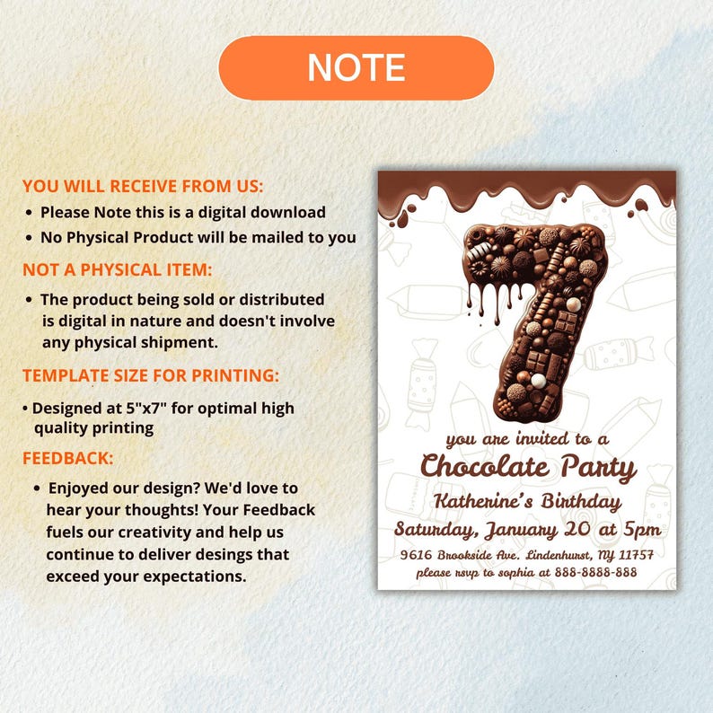 Editable Chocolate Party Invitation, Chocolate 7th Birthday Invitation ...