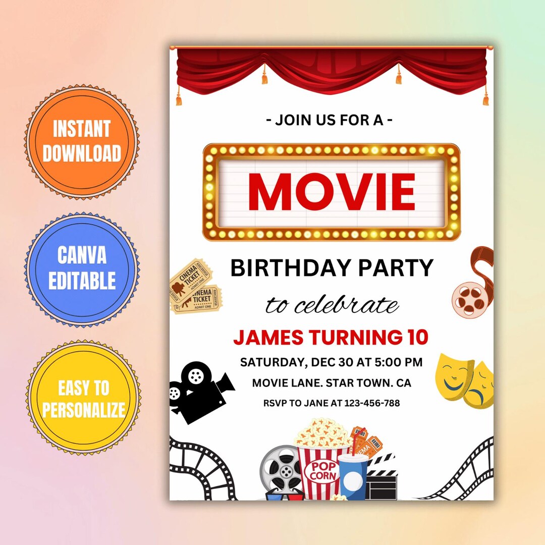 Editable Movie Birthday Invitation, Kids Movie Time Template, Cinema ...