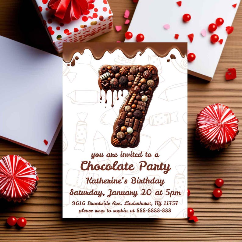 Editable Chocolate Party Invitation, Chocolate 7th Birthday Invitation ...
