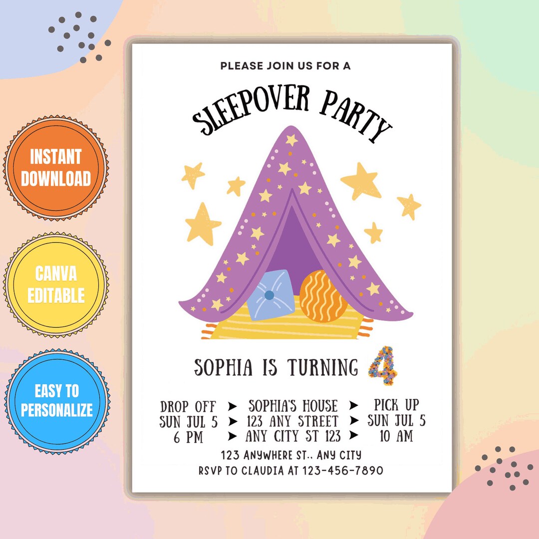 Editable Sleepover Birthday Minimalist Invitation, Slumber Party ...