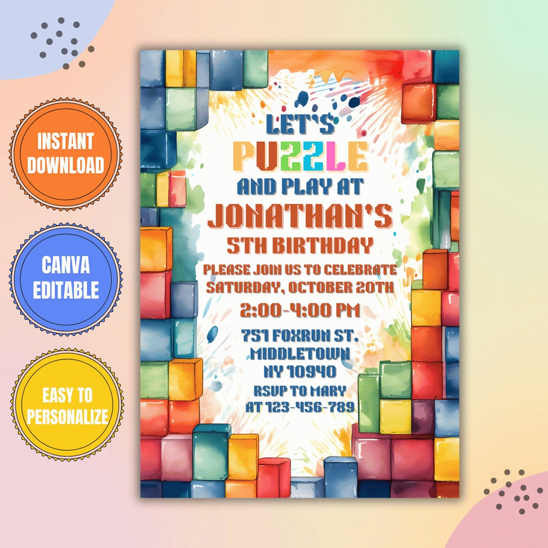 Editable Puzzle Game Invitations, Puzzle Theme Party Invite, Building ...