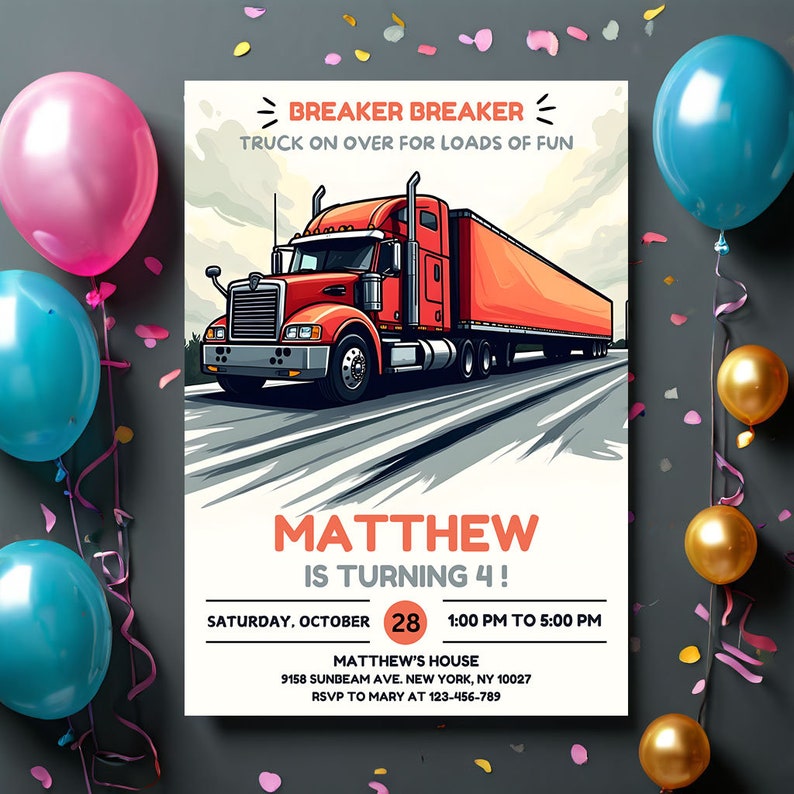 Editable Red Truck Birthday Invitation Semi Truck Invite 18 Wheeler ...